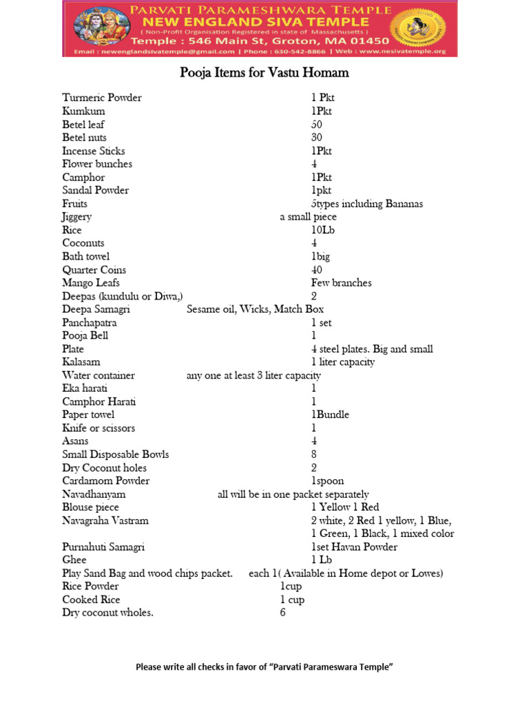 Pooja Items For Vastu Homam | PDF | Foods