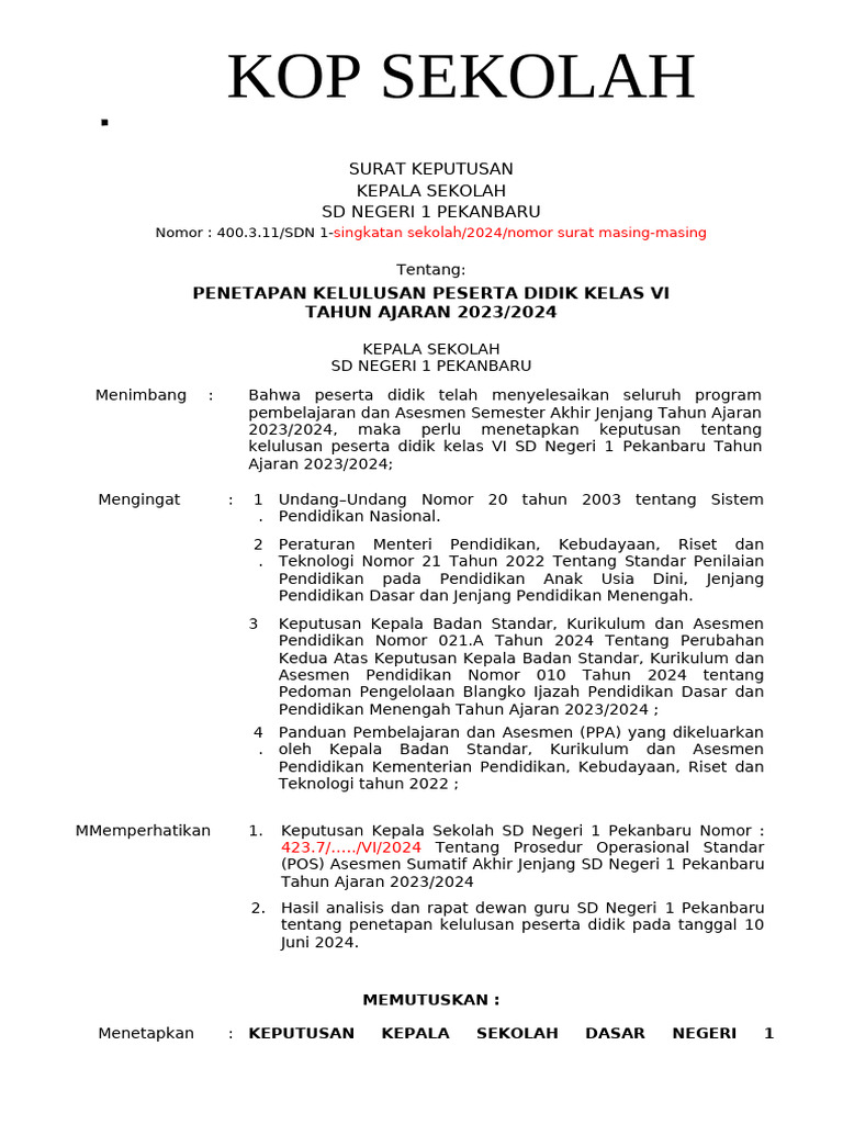 Contoh - SK Kepala Sekolah - Keputusan Kelulusan 2024 | PDF