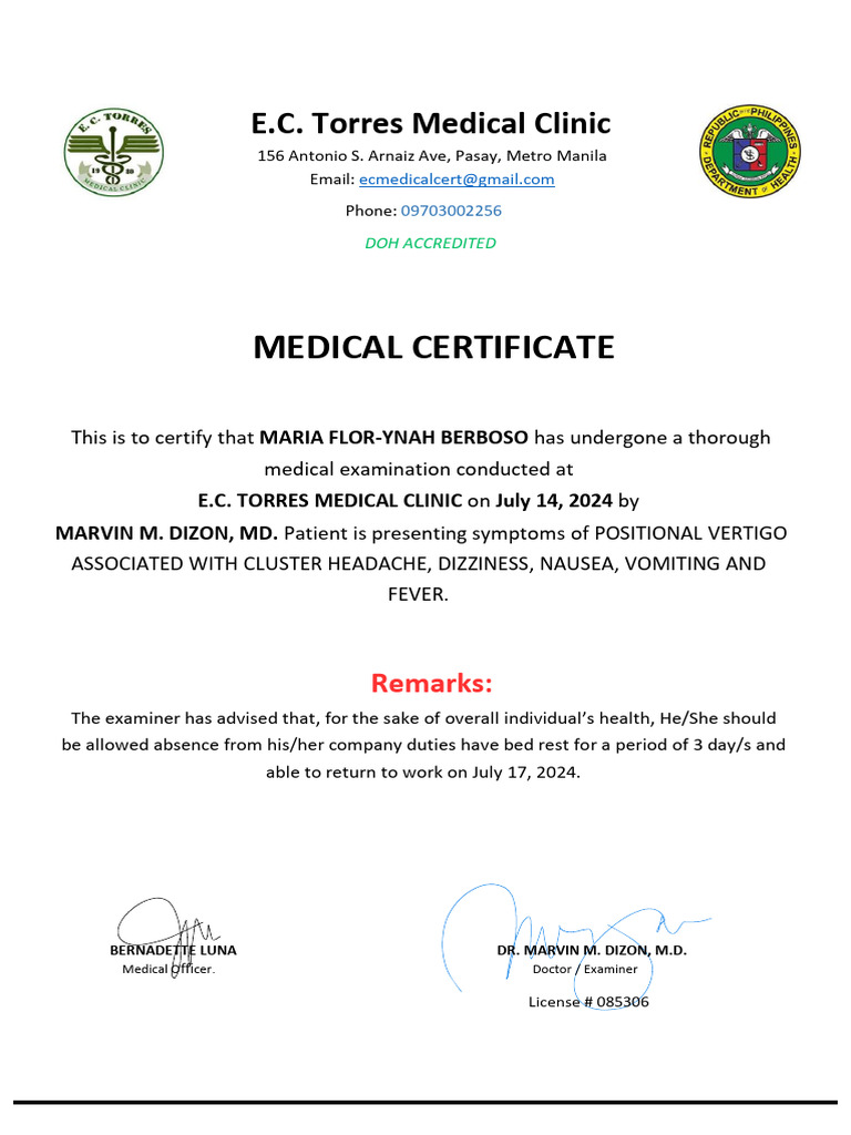 Medical Certificate - VERTIGO | PDF