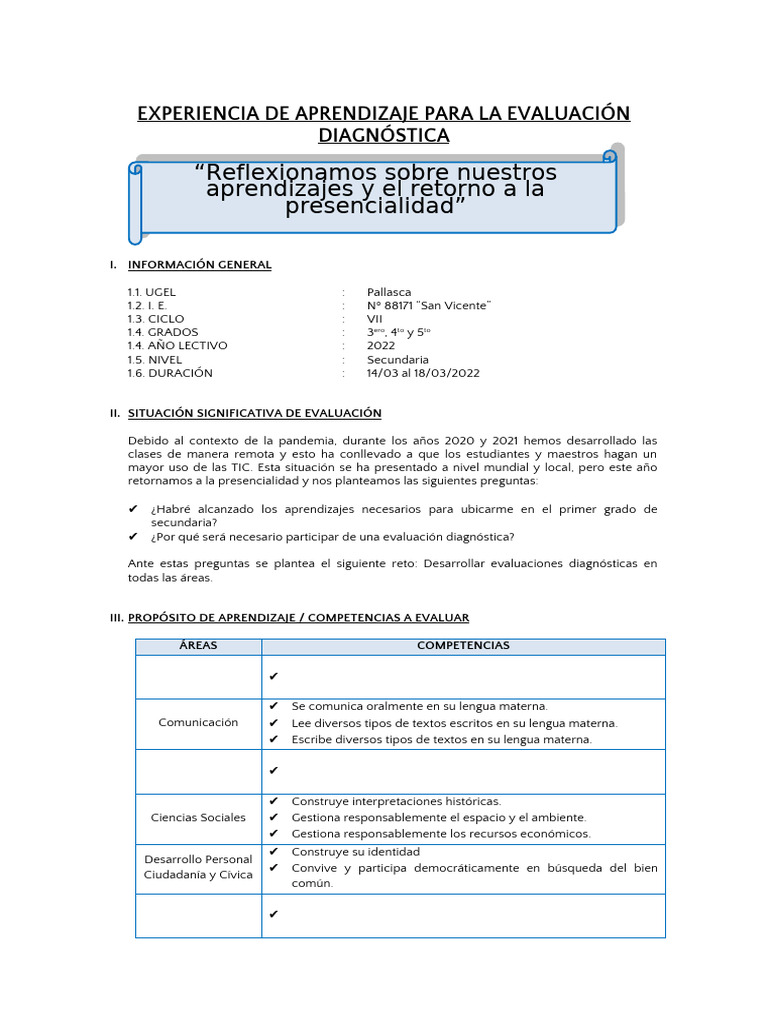 CICLO VII - EXPERIENCIA DE APRENDIZAJE PARA LA EVALUACIÓN DIAGNÓSTICA | PDF