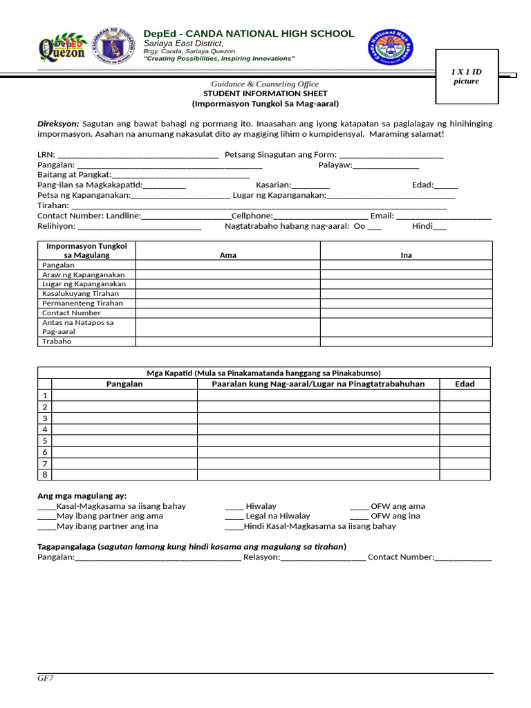 GF7 - Student-Information-Sheet In-Filipino | PDF