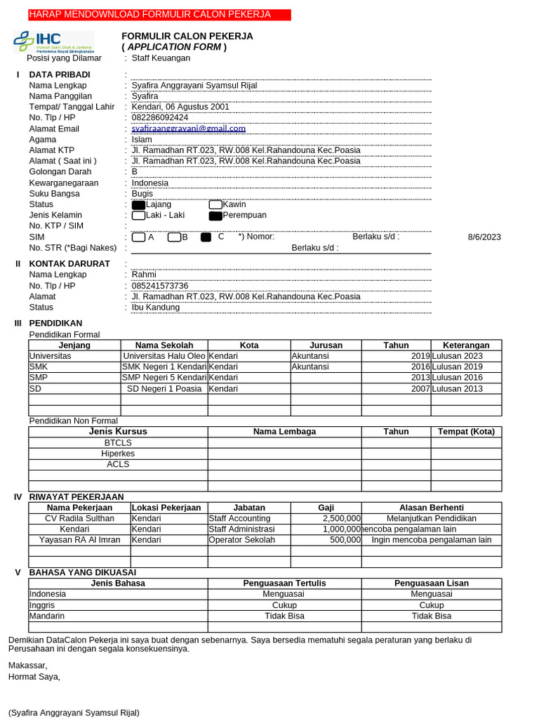 Syafira Anggrayani Syamsul Rijal - Form Data Pelamar | PDF