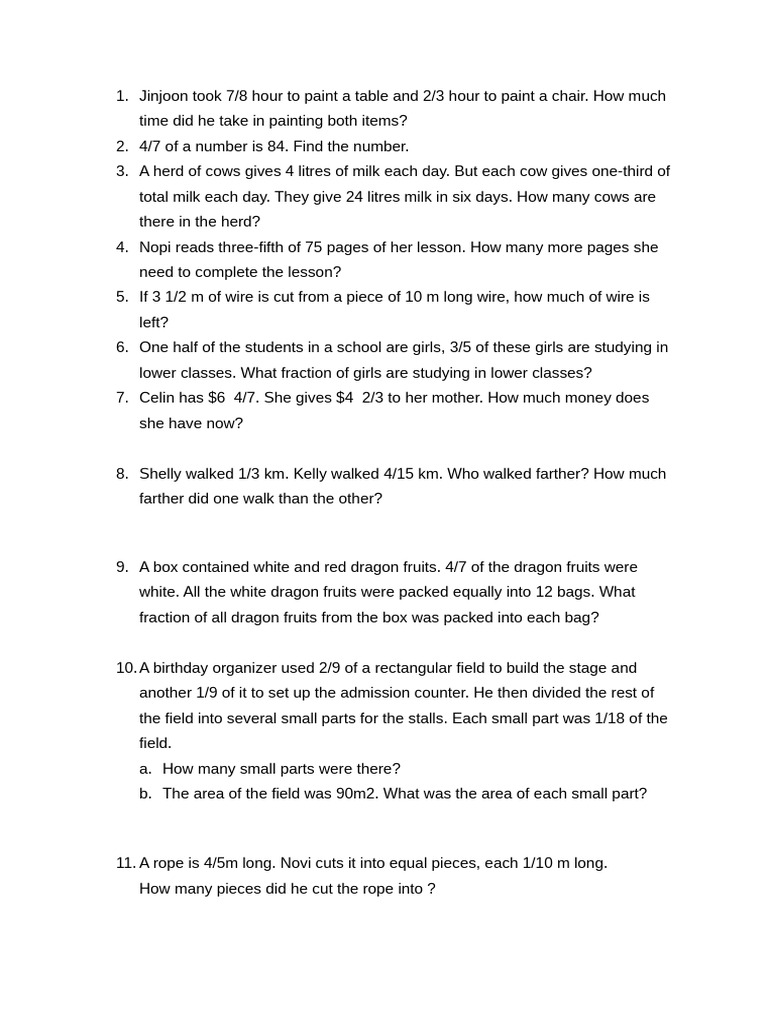 Fraction Word Problem Grade 6 | PDF | Home & Garden