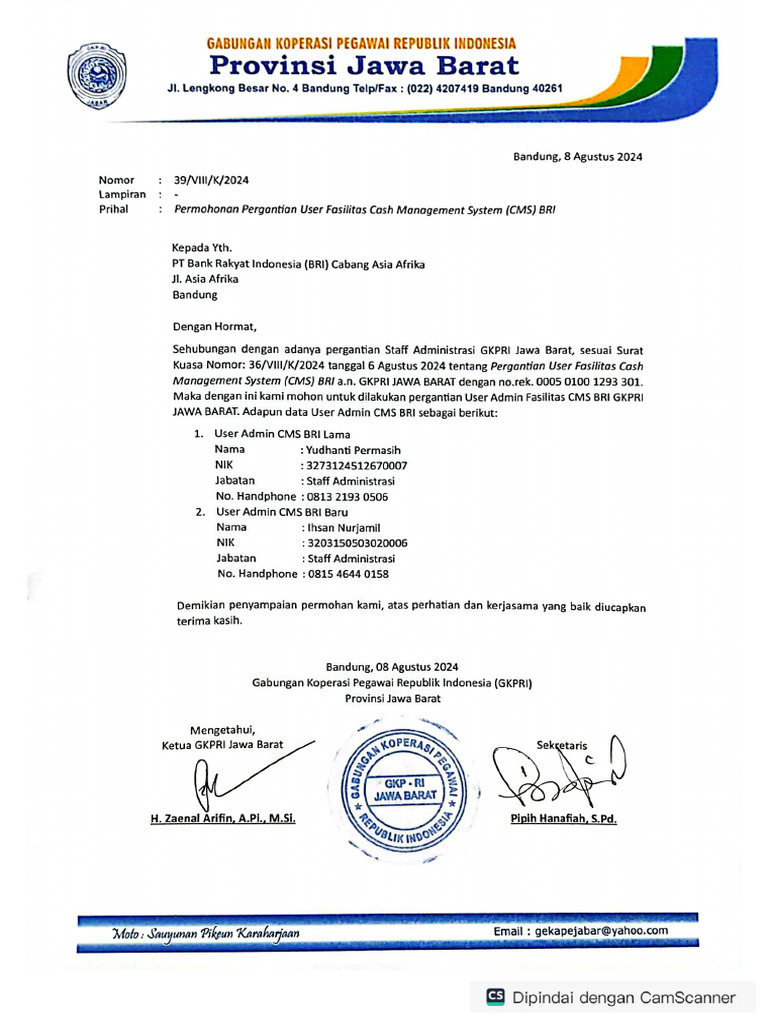 Surat Permohonan Pergantian User CMS BRI GKPRI JABAR | PDF