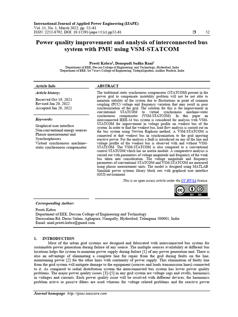 Power Quality Improvement and Analysis of Interconnected Bus System With PMU Using VSM-STATCOM ...
