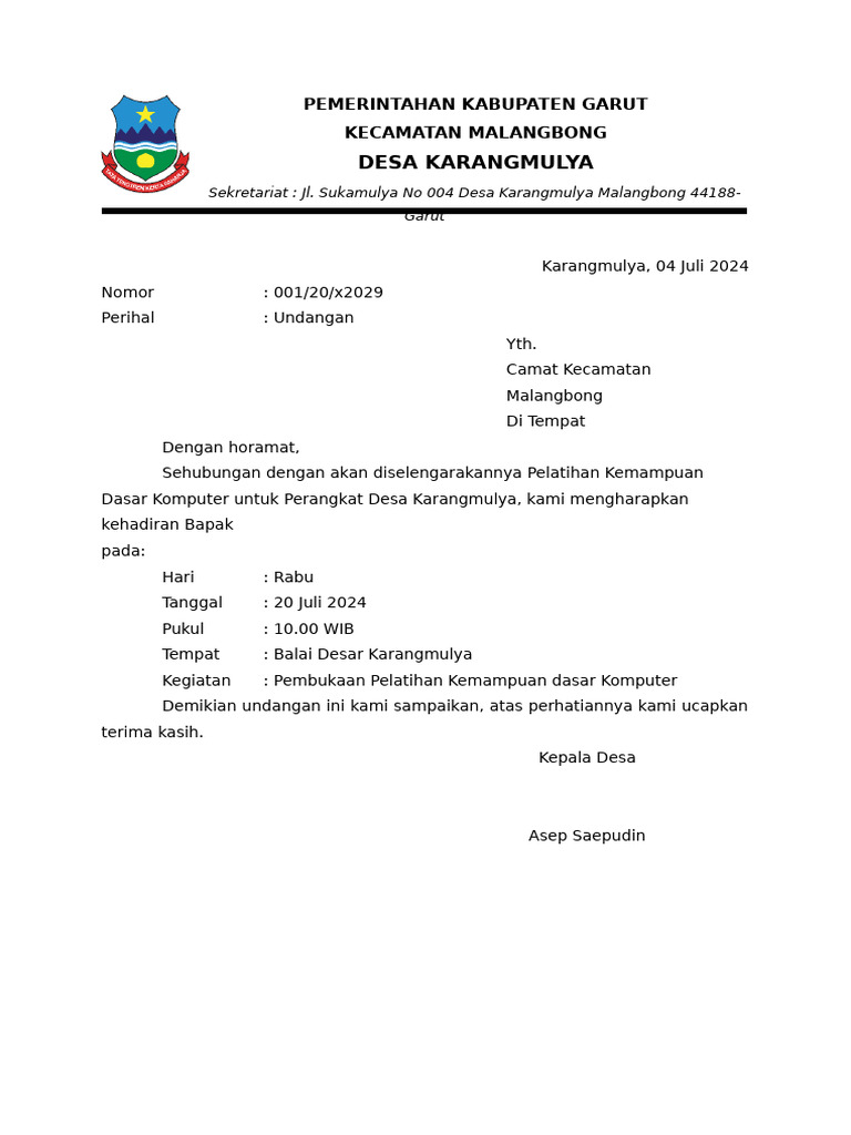 Contoh Surat Undangan Desa Dengan Logo | PDF
