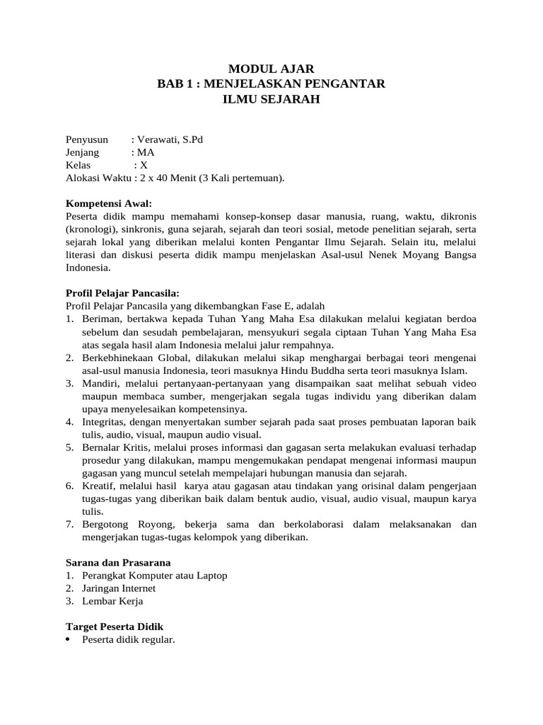 Modul Ajar Sejarah K-X SEM 1 | PDF