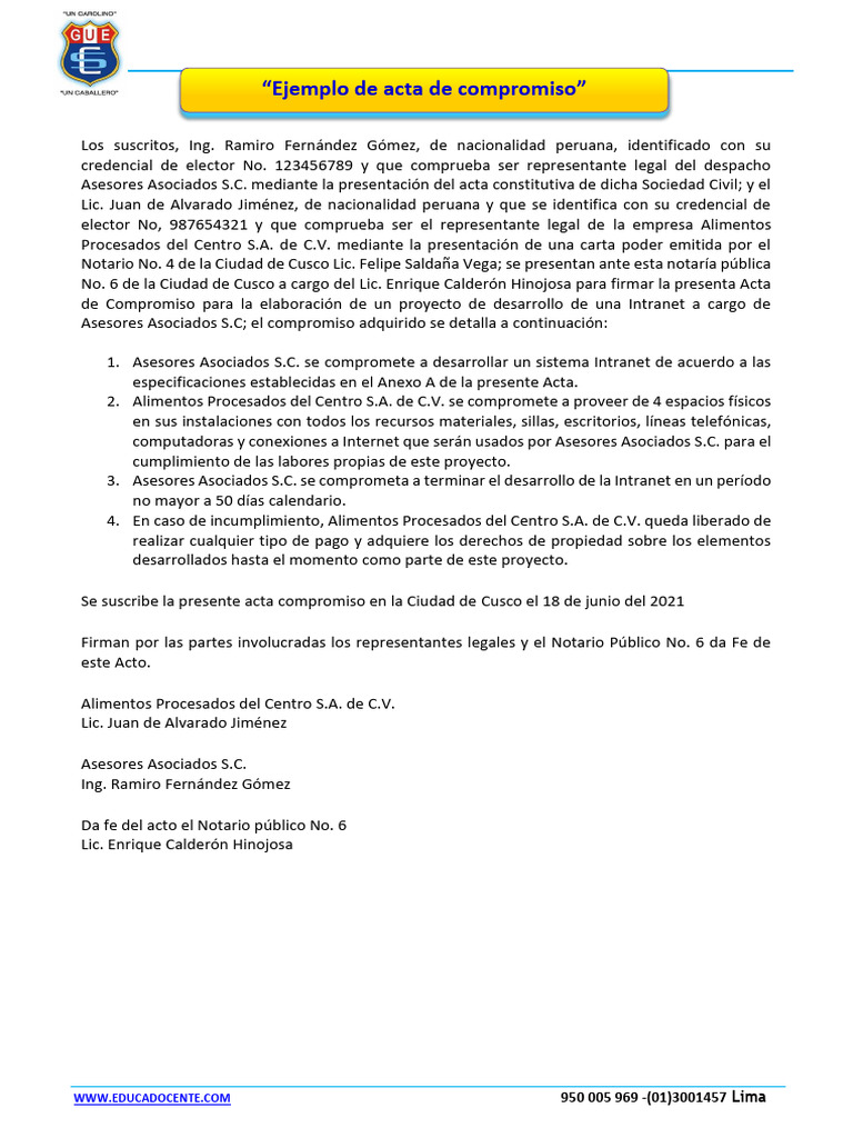 Ejemplo - Acta de Compromiso | PDF