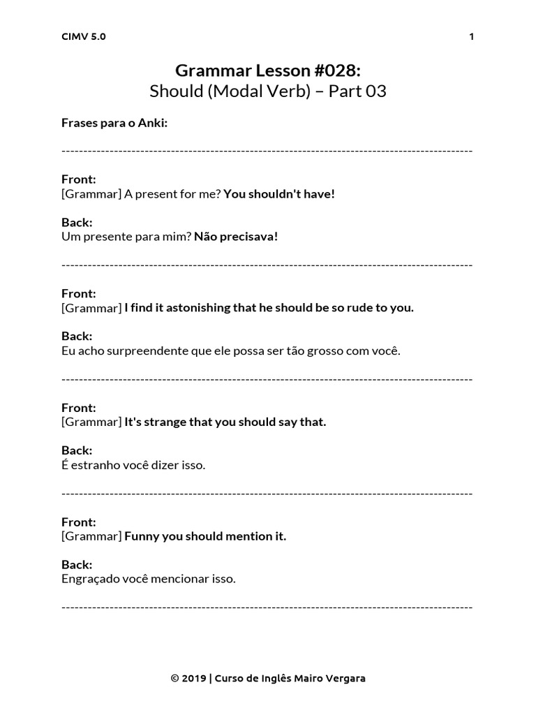 PDF Grammar Lesson 028 Should (Modal Verb) - Part 03 | PDF