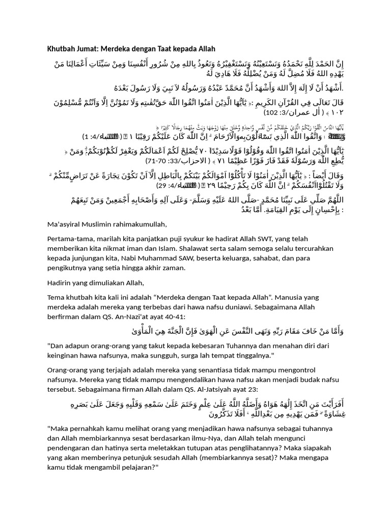 Khutbah Jumat Merdeka Dengan Taat Kepada Allah | PDF