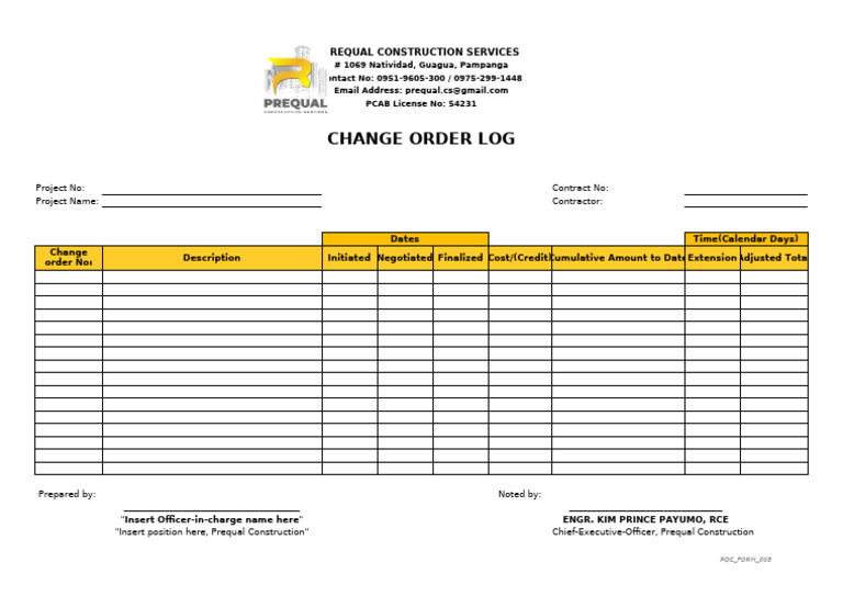 PQC - 003 - Change Order Log | PDF