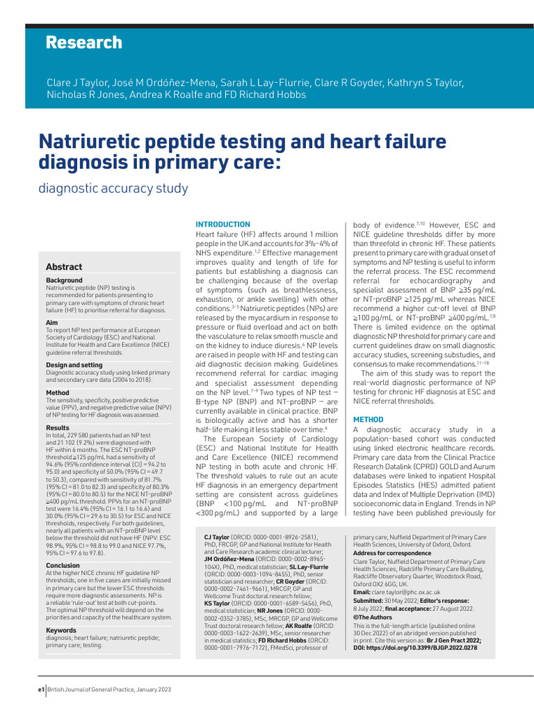 Natriuretic Peptide Testing and Heart Failure | PDF