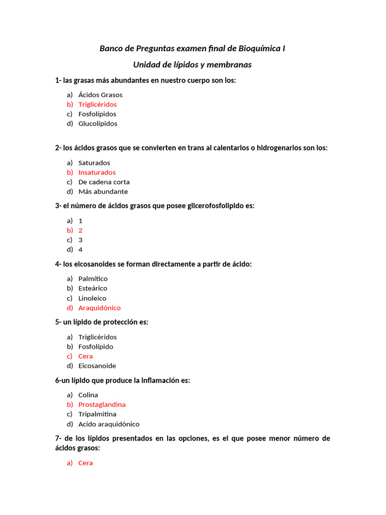Banco de Preguntas Examen Final de Bioquímica I-1 | PDF | Lípido | Ácido graso