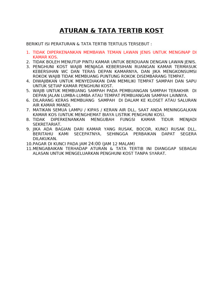 Aturan & Tata Tertib Kost: 1. Tidak Diperkenankan Membawa Teman Lawan Jenis Untuk Menginap Di ...