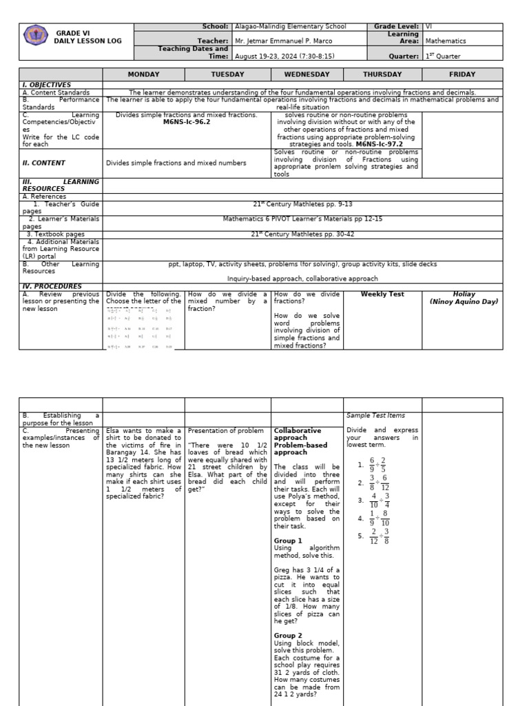 Mathematics 6 - Q1-W4 | PDF | Learning | Mathematics