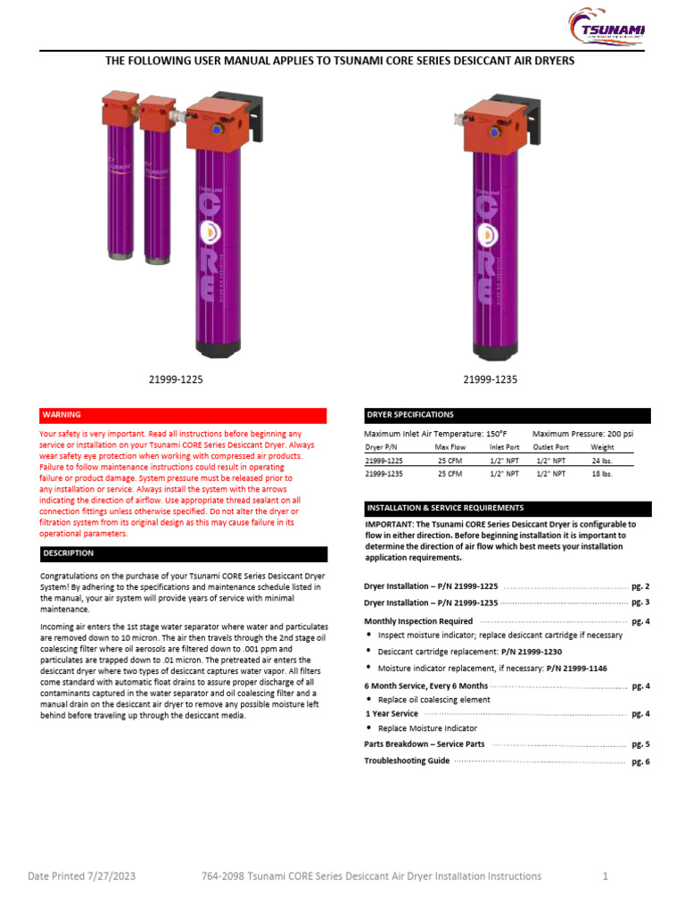 764-2098 Tsunami CORE Series Desiccant Dryer | PDF