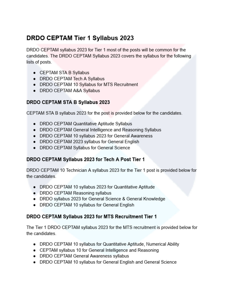 DRDO CEPTAM STA B Syllabus 2023 | PDF