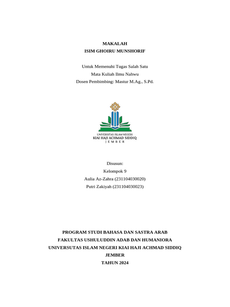 MAKALAH Ilmu Nahwu Isim Ghoiru Munshorif Kel.9 | PDF