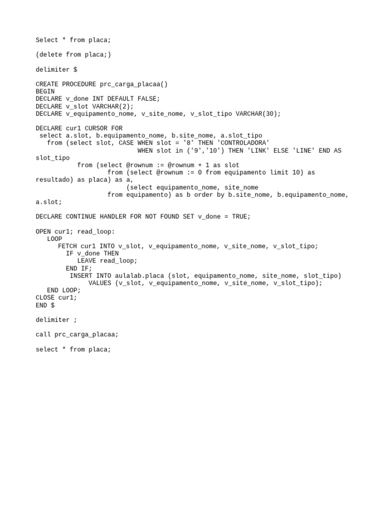 Create Procedure PRC - Carga - Placa | PDF