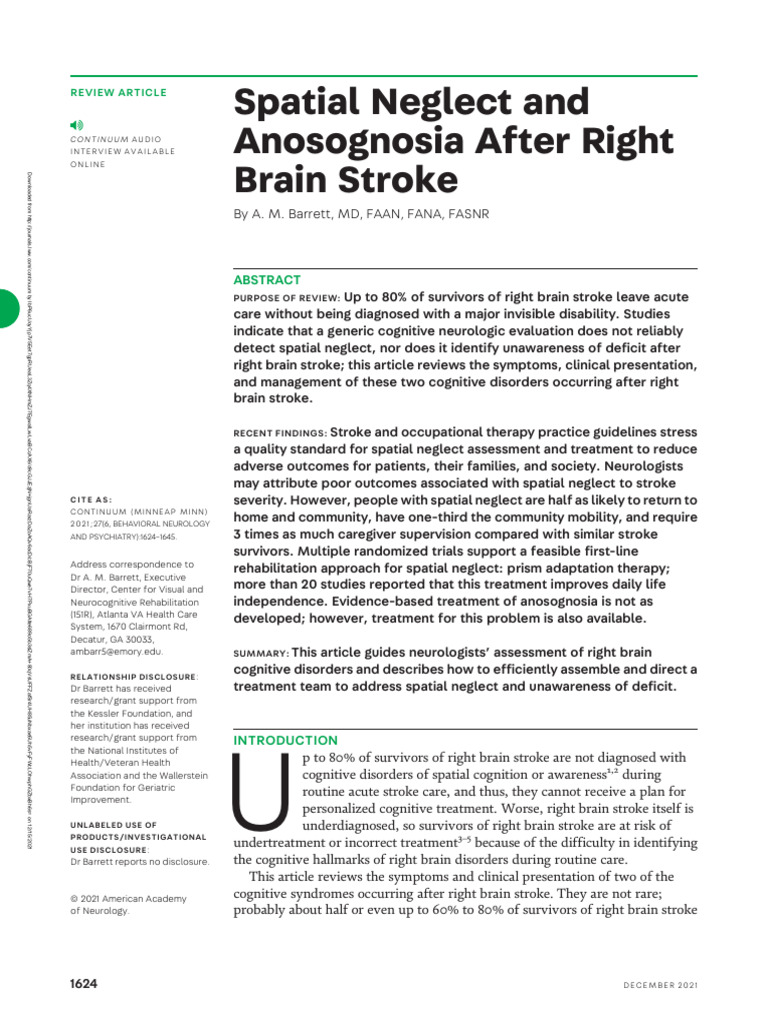Spatial Neglect and Anosognosia After Right Brain.9 | PDF