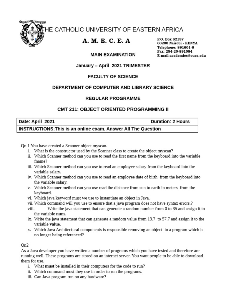 CMT 211 Java Sample OnlineExam | PDF