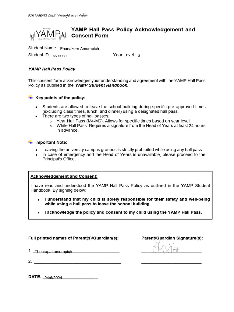 YAMP Hall Pass Policy Acknowledgement and Consent Form: FOR PARENTS ...