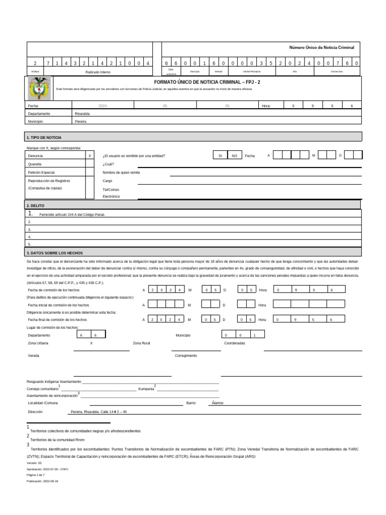 FPJ 2 Formato Unico Noticia Criminal V3 | PDF