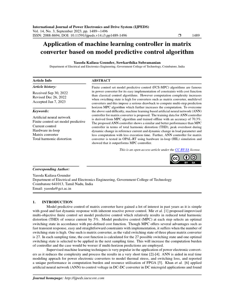 Application of Machine Learning Controller in Matrix Converter Based On ... Application of Machine Learning Controller in Matrix Converter Based On ...