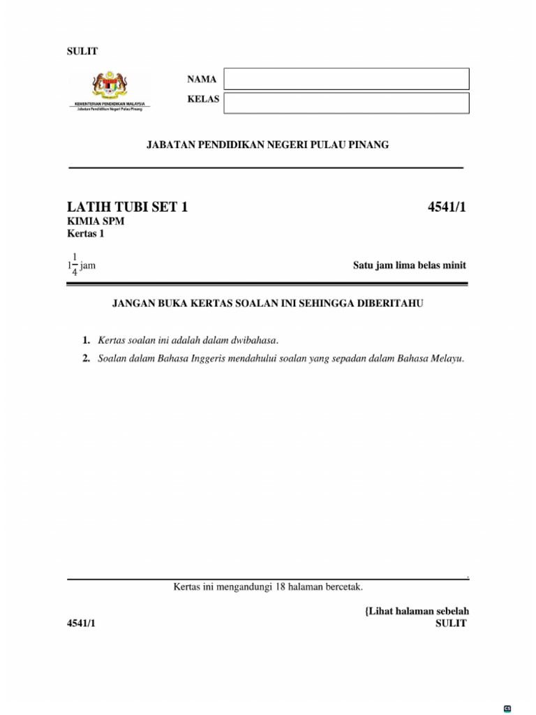 Kimia K1 Set 1 JPNPP 2022 | PDF