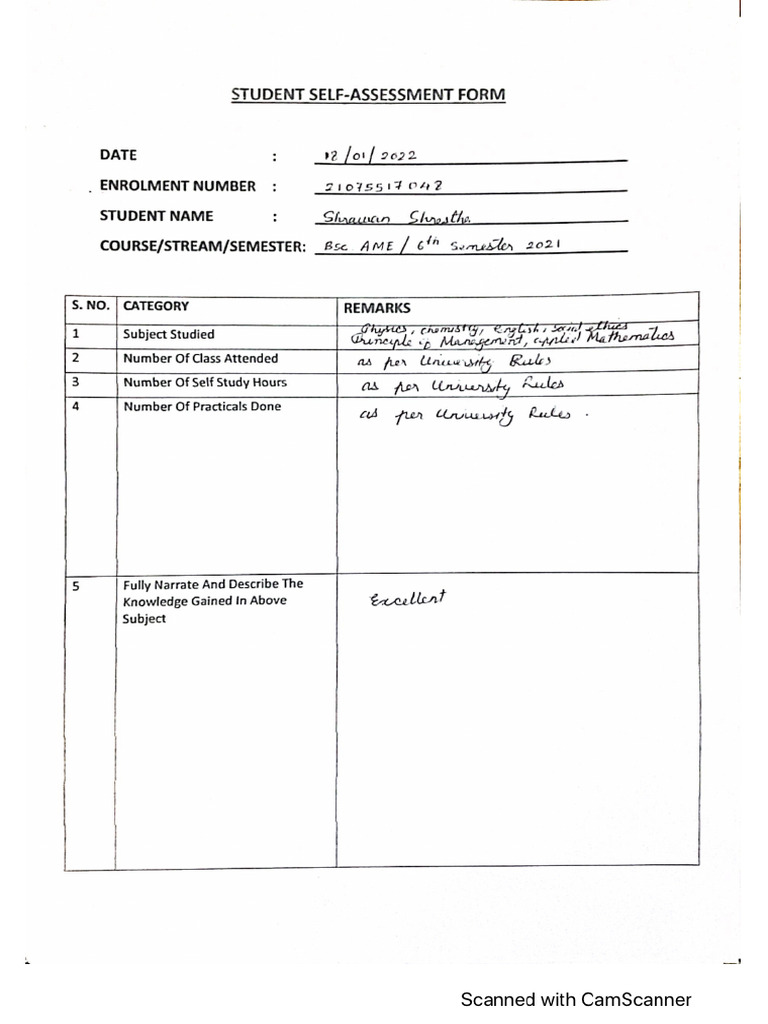 Student Self-Assessment Form | PDF