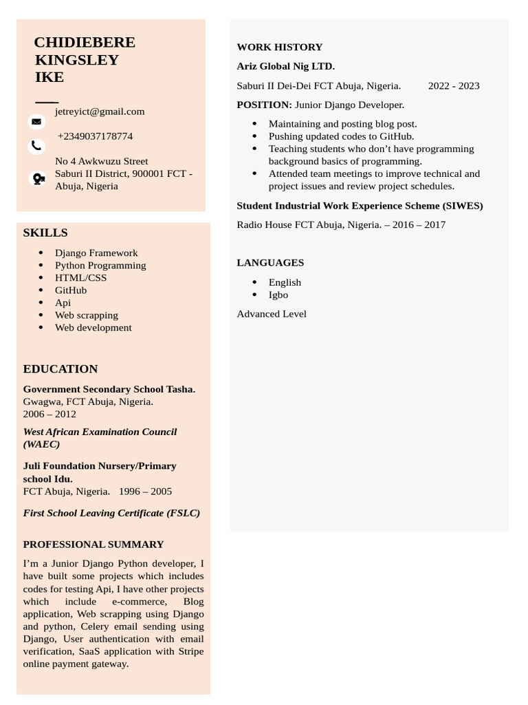 Chidiebere Resume Django | PDF
