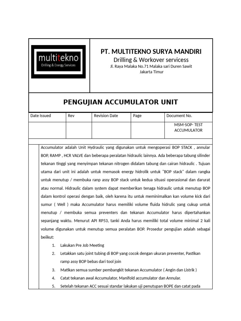 Sop Test Acumulator Unit | PDF