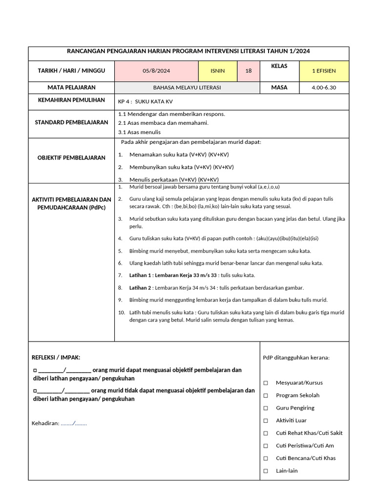 Rancangan Pengajaran Harian Program Intervensi Literasi Tahun 1 Efisein 9 | PDF