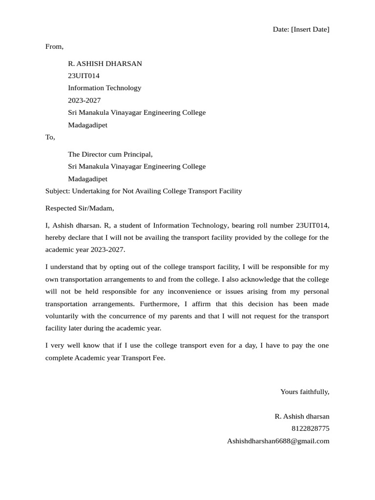 Bus Undertaking Form | PDF