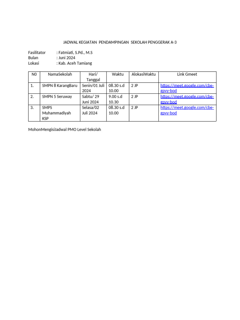 Jadwal Kegiatan Pendampingan Pmo-1 | PDF