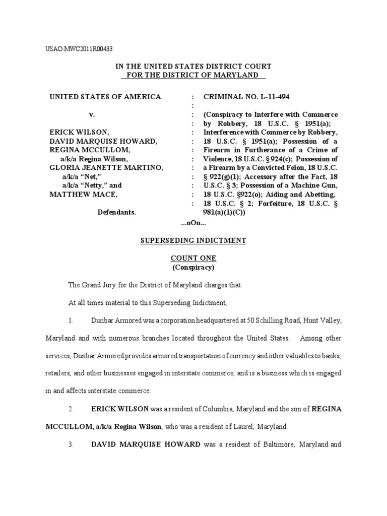 Dunbar Robberies Indictment | PDF | Robbery | Conspiracy (Criminal)