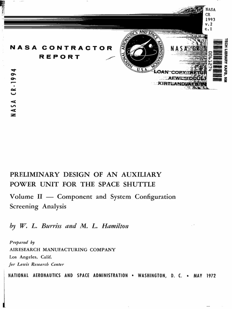 Preliminary Design of A N Auxiliary Power Unit For The Space Shuttle ...