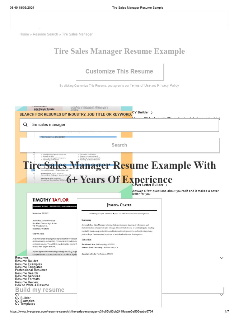 Tire Sales Manager Resume Sample | PDF