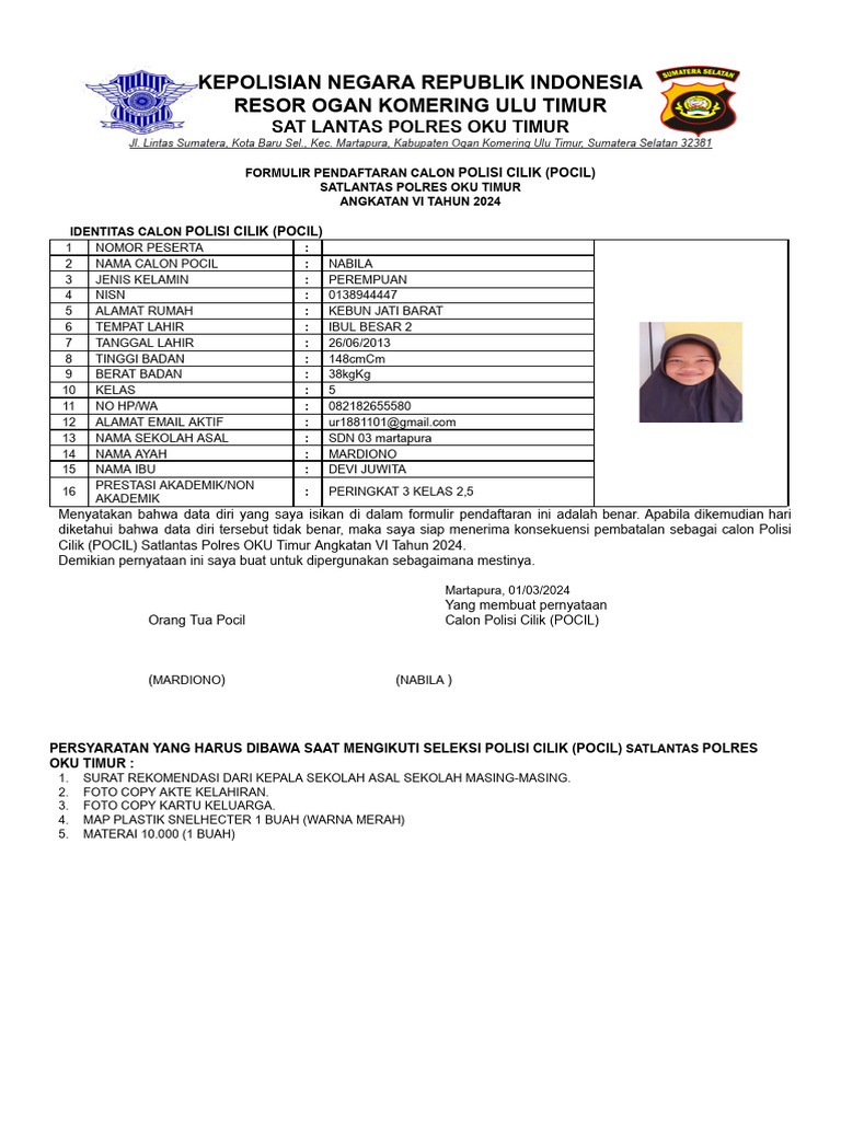 Bukti Pendaftaran Calon Pocil - Nama Calon Pocil | PDF