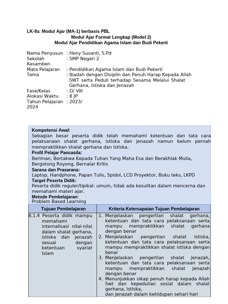 Contoh Modul Ajar PBL | PDF