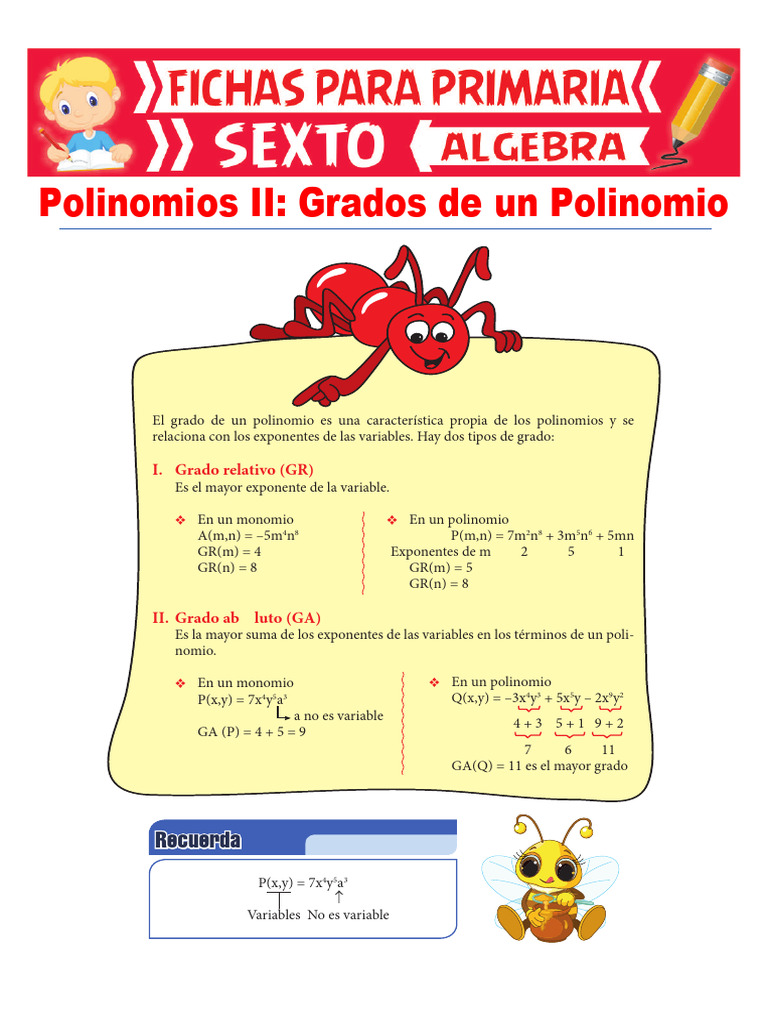 Grados de Un Polinomio para Sexto de Primaria | PDF | Álgebra abstracta | Álgebra