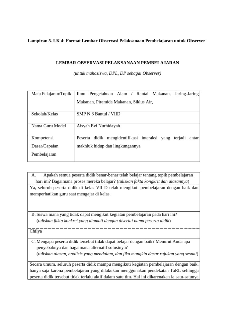 Lampiran 5. LK 4 Format Lembar Observasi Pelaksanaan Pembelajaran Untuk Observer | PDF