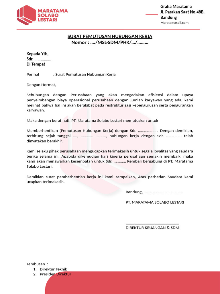 Format Surat PHK (BERBAGAI ALASAN/SEBAB PHK) | PDF