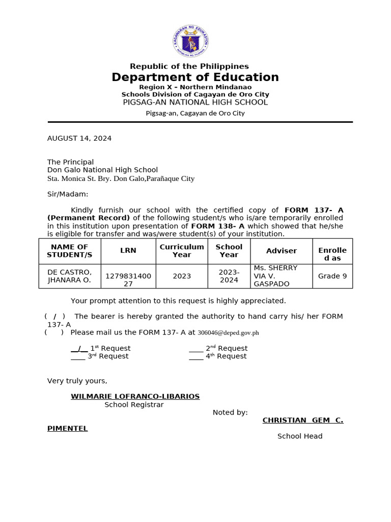 form 137 Request letter | PDF