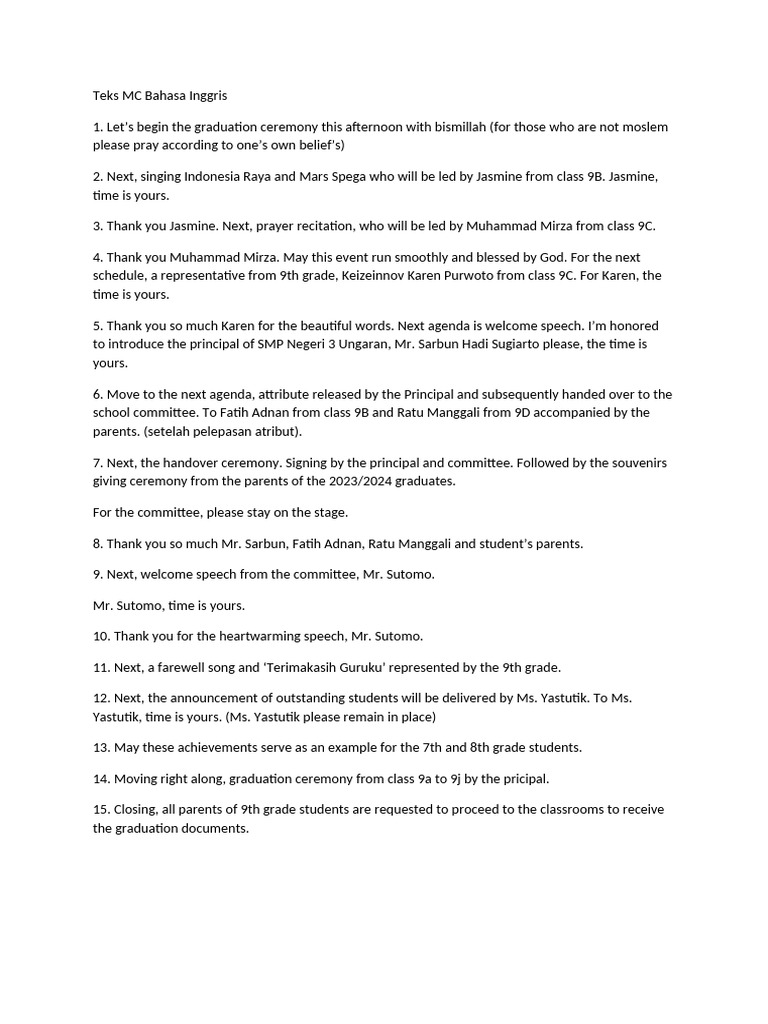 Teks MC Bahasa Inggris Wasana Warsa | PDF