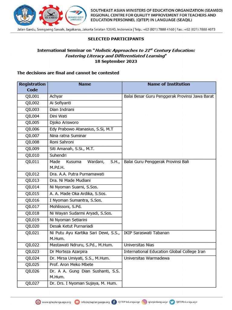 Encl. 1 - The List of Selected Participants | PDF