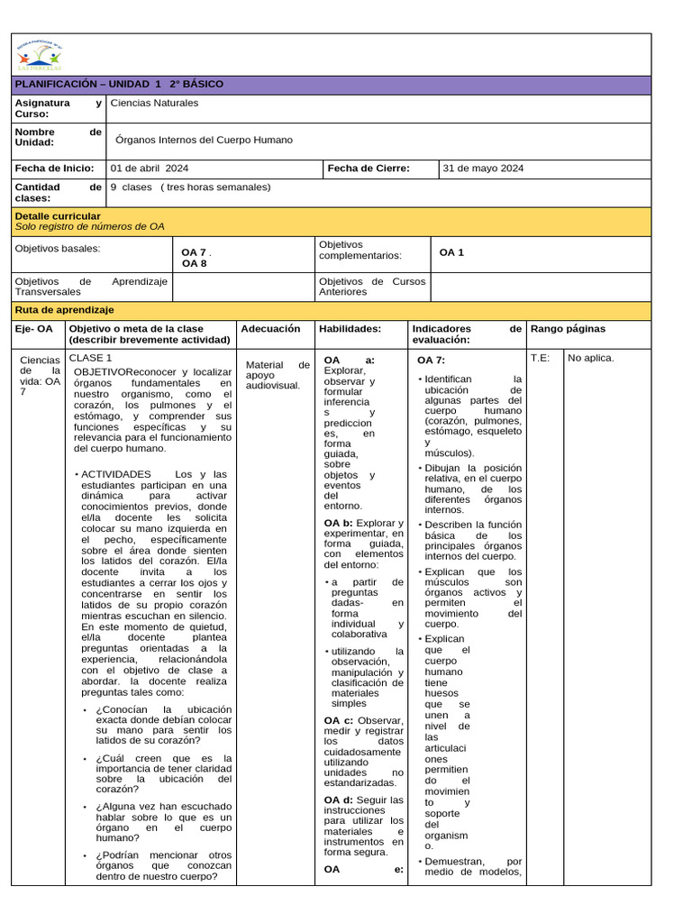 Planificación Ciencias Naturales Segundo Basico 2024 | PDF