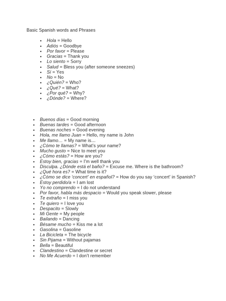 Basic Spanish Words and Phrases | PDF