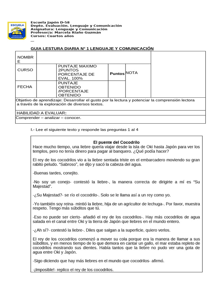 GUIA LECTURAS DIARIAS N°1 CUARTOS BASICOS | PDF