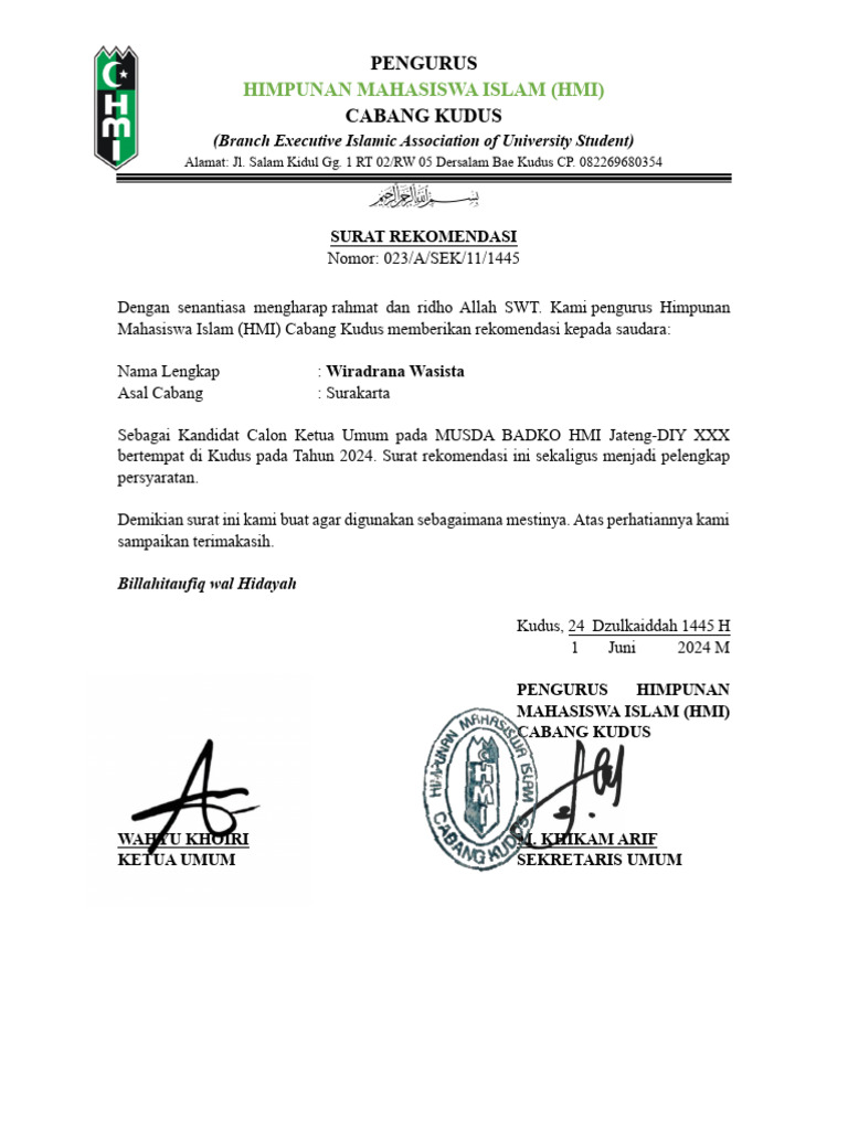 Surat Rekomendasi Ketua Umum HMI | PDF